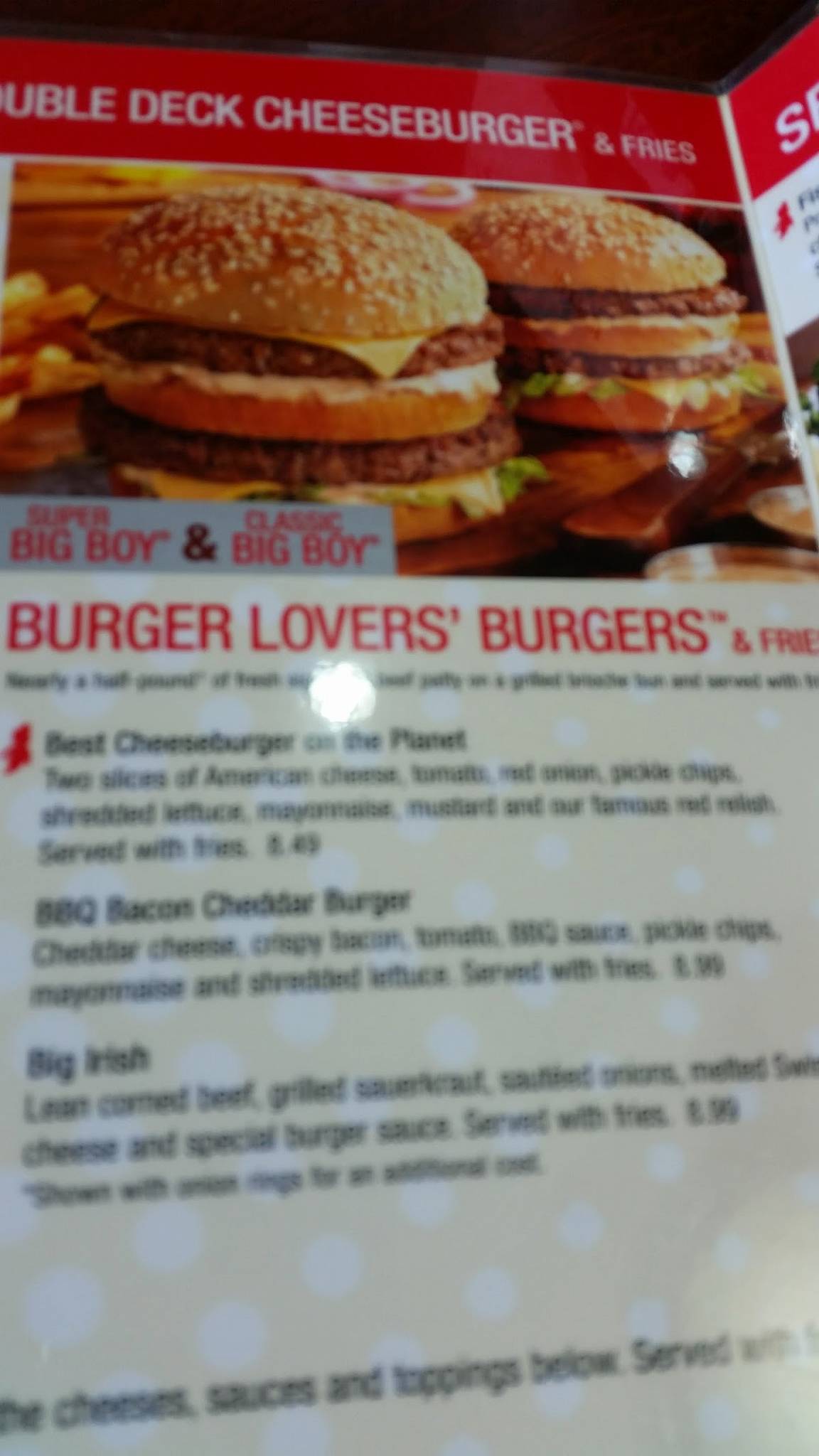 Menu at Big Boy restaurant, Taylor, Penn St