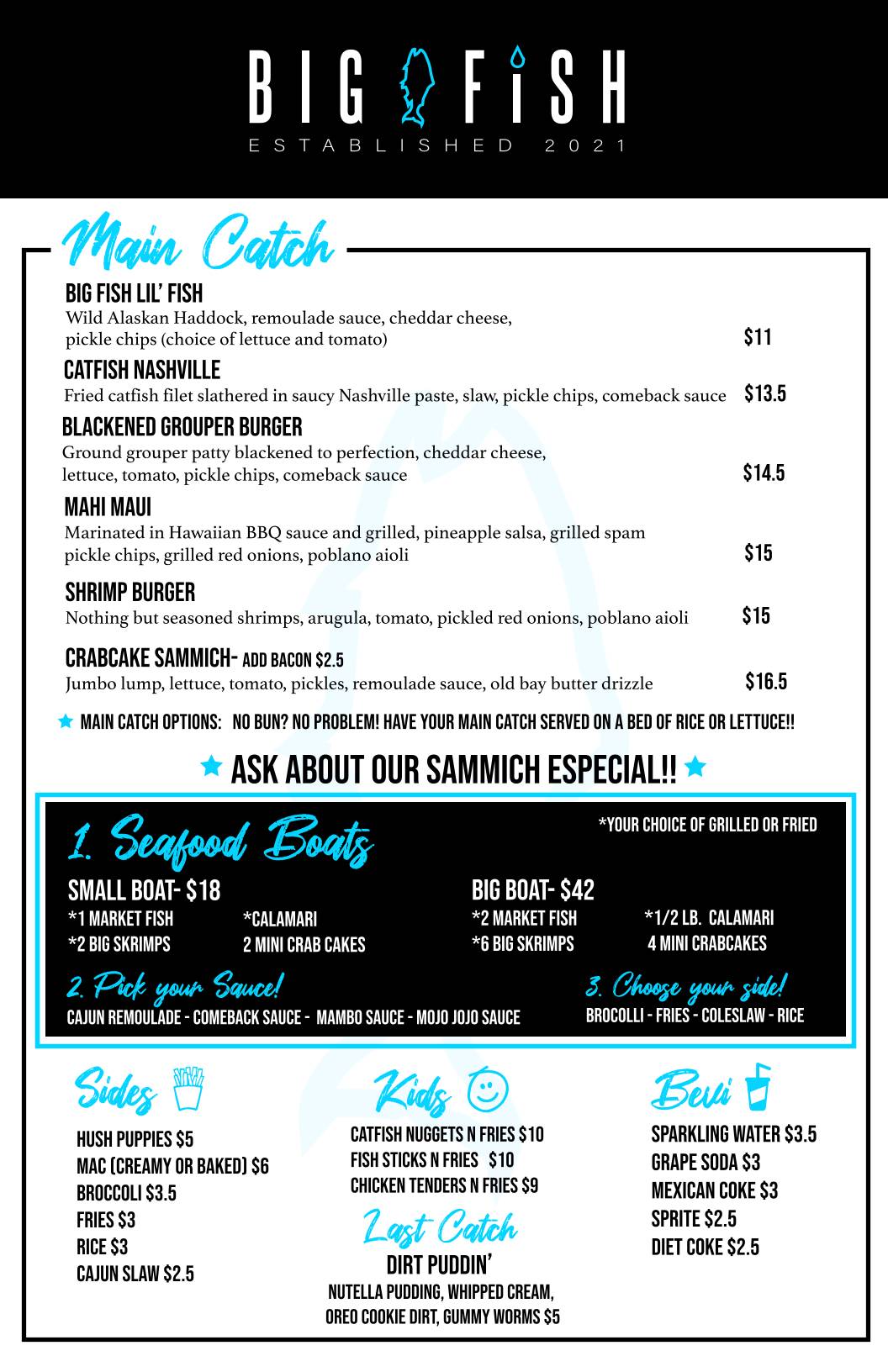 Menu at Big Fish DMV restaurant, Washington