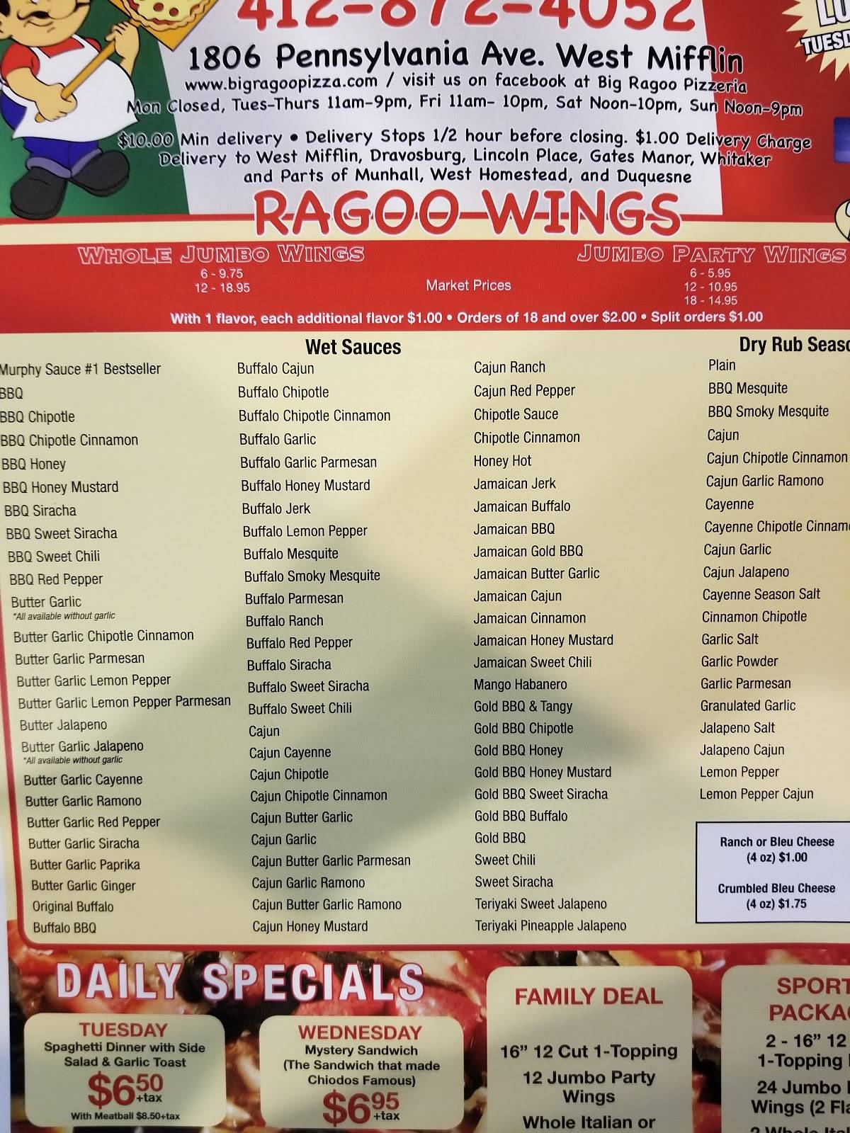 Menu at Big Ragoo Pizzeria, West Mifflin