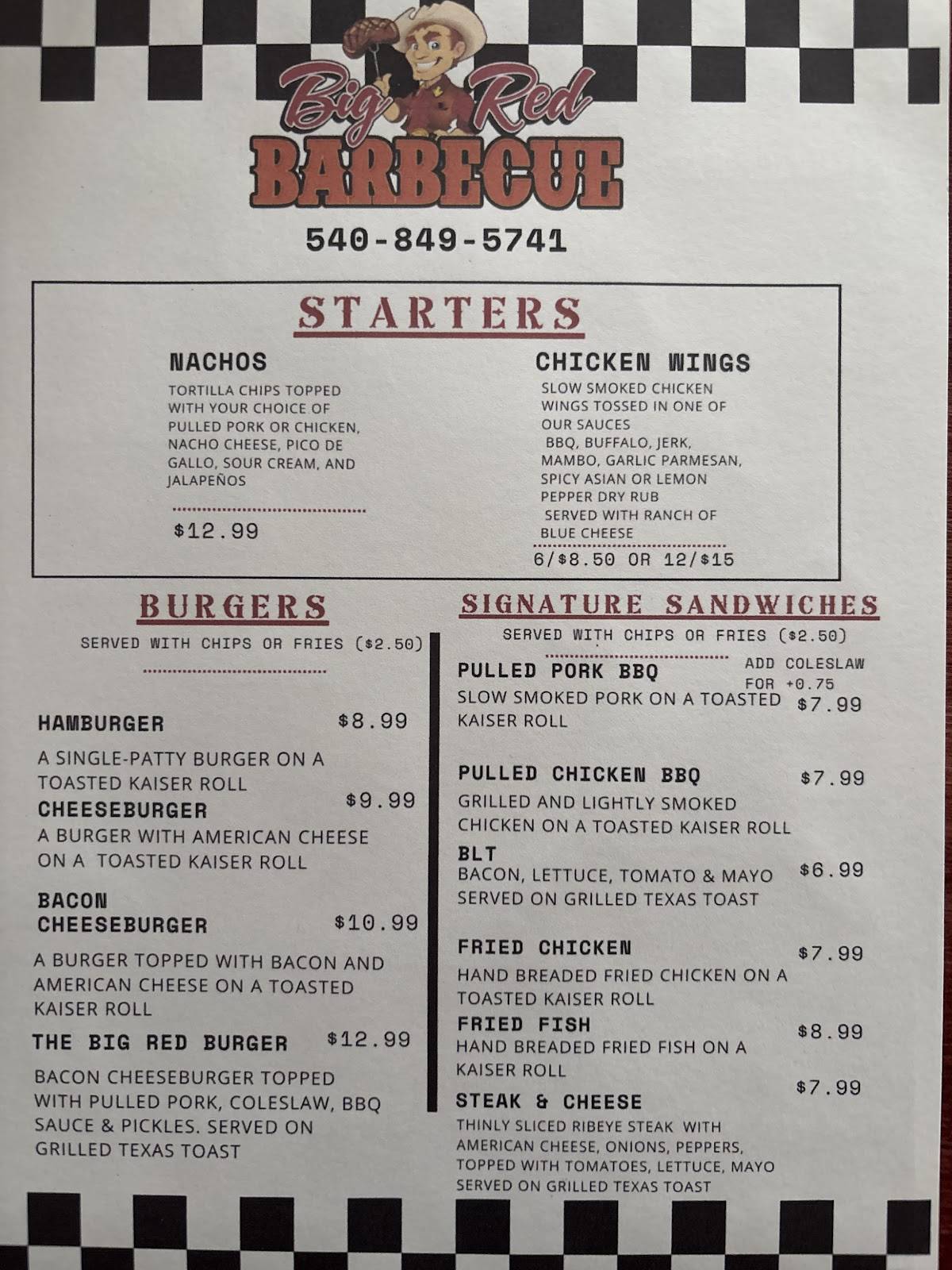 Menu at Big Red Barbecue, Staunton