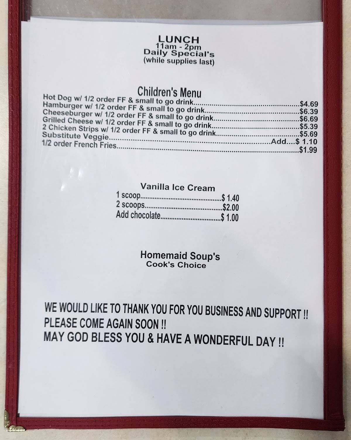 Menu at Big Red's Place restaurant, Edinburgh