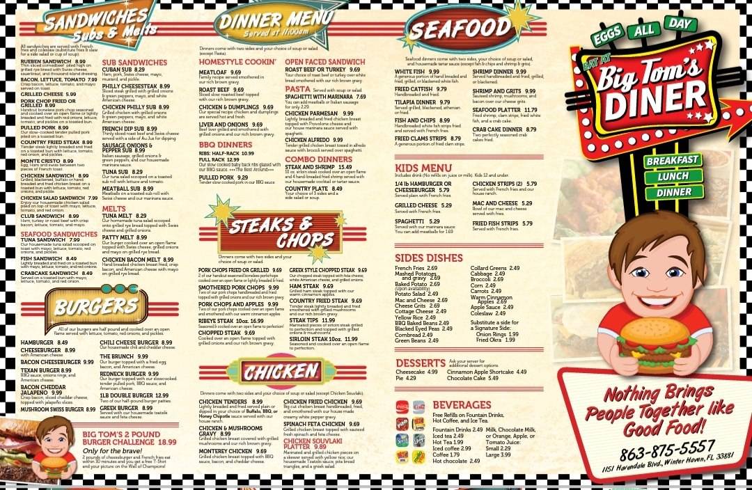 Menu at Big Tom's Diner restaurant, Winter Haven