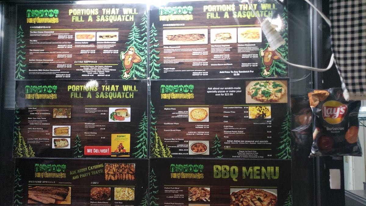 Carta de pizzería Bigfoot Philly Cheesesteaks, Sevierville, Wears Valley Rd