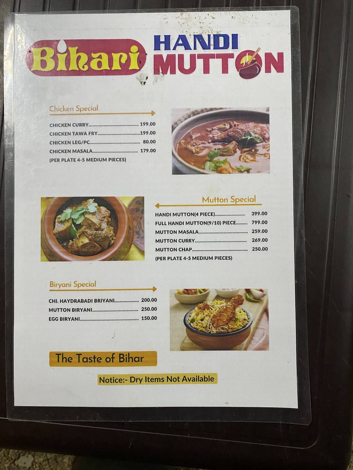 Menu at Bihari Handi Mutton, Ahmedabad