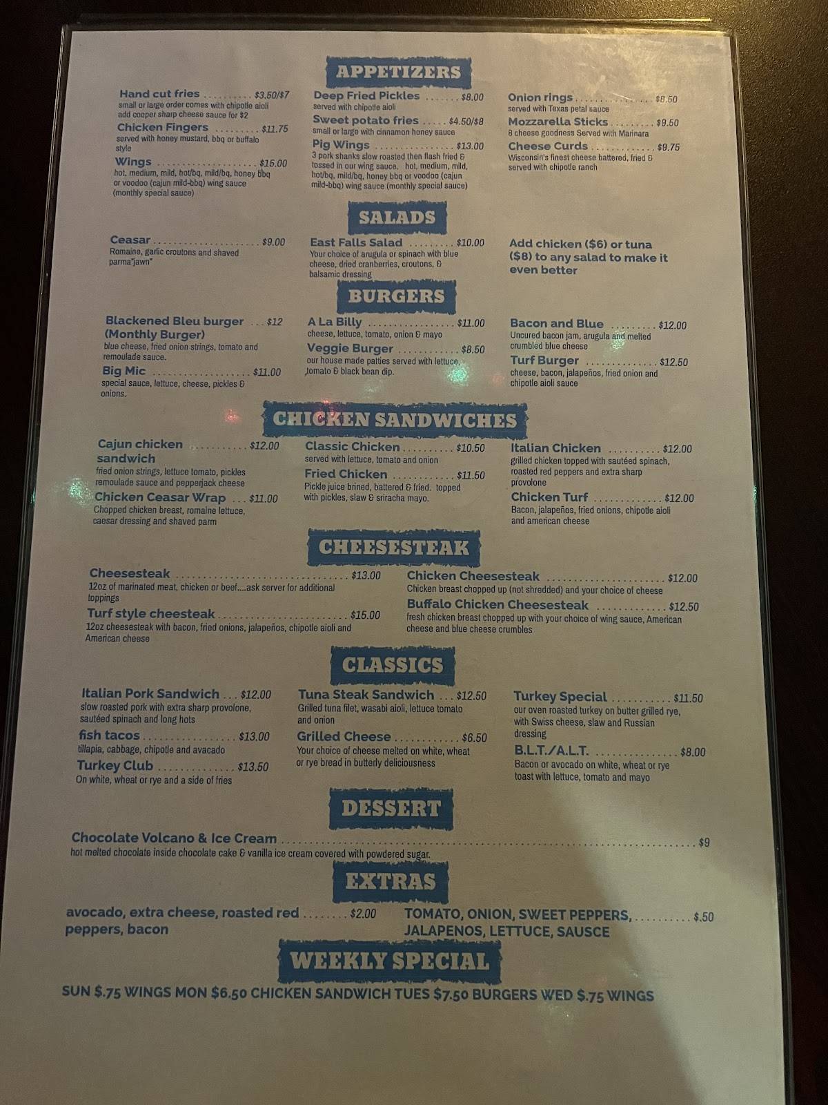 Menu at Billy Murphy's Irish Saloon pub & bar, Philadelphia