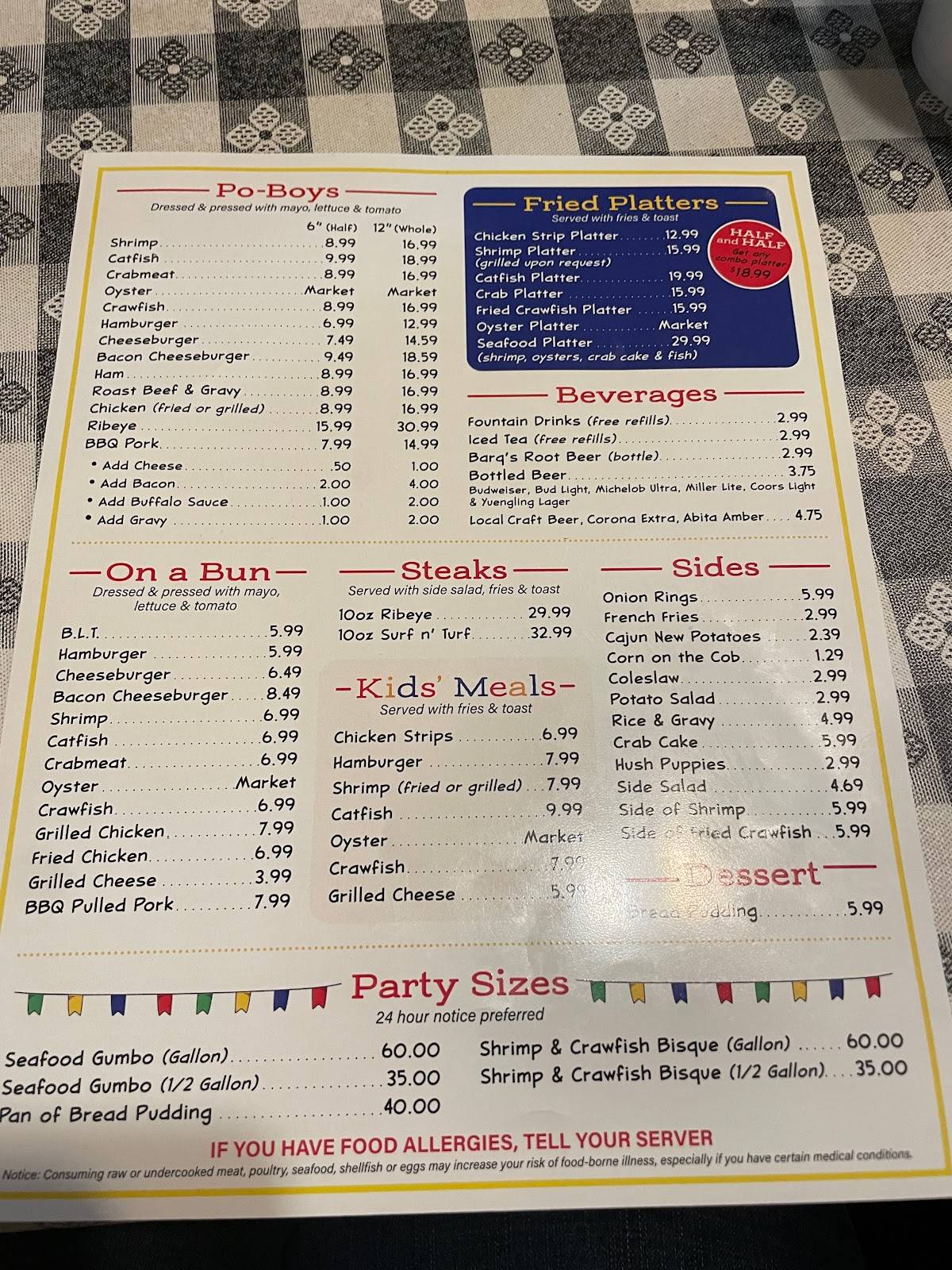 Menu at Taranto's Crawfish restaurant, Biloxi