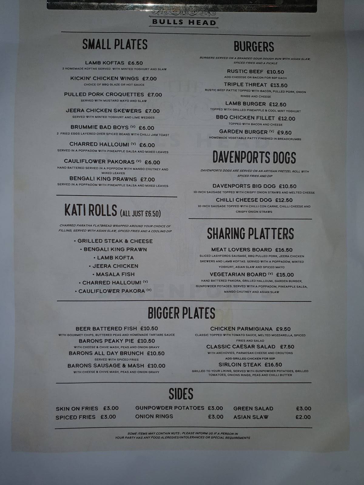 Menu at The Bulls Head pub & bar, Birmingham, 38 Bishopsgate St