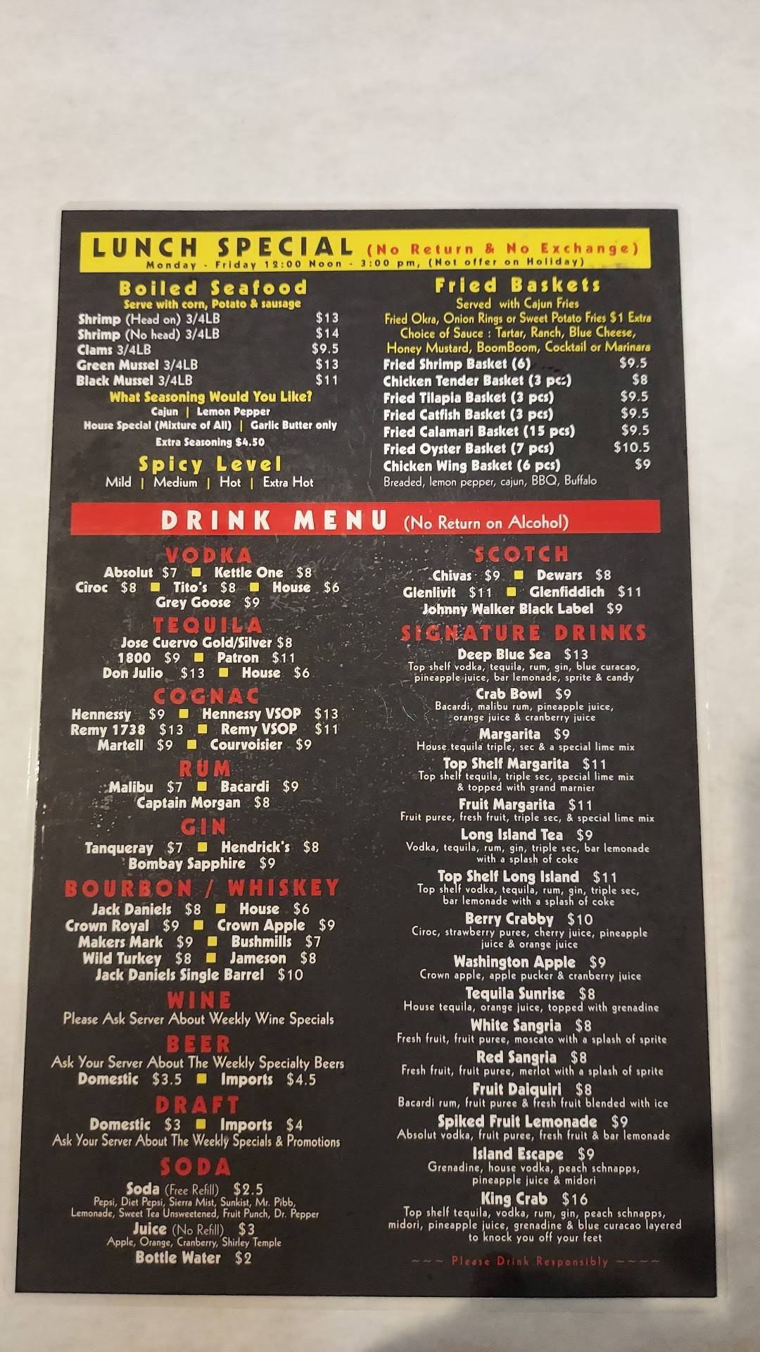 Menu at The Crab Barrack, Birmingham, Parkway E