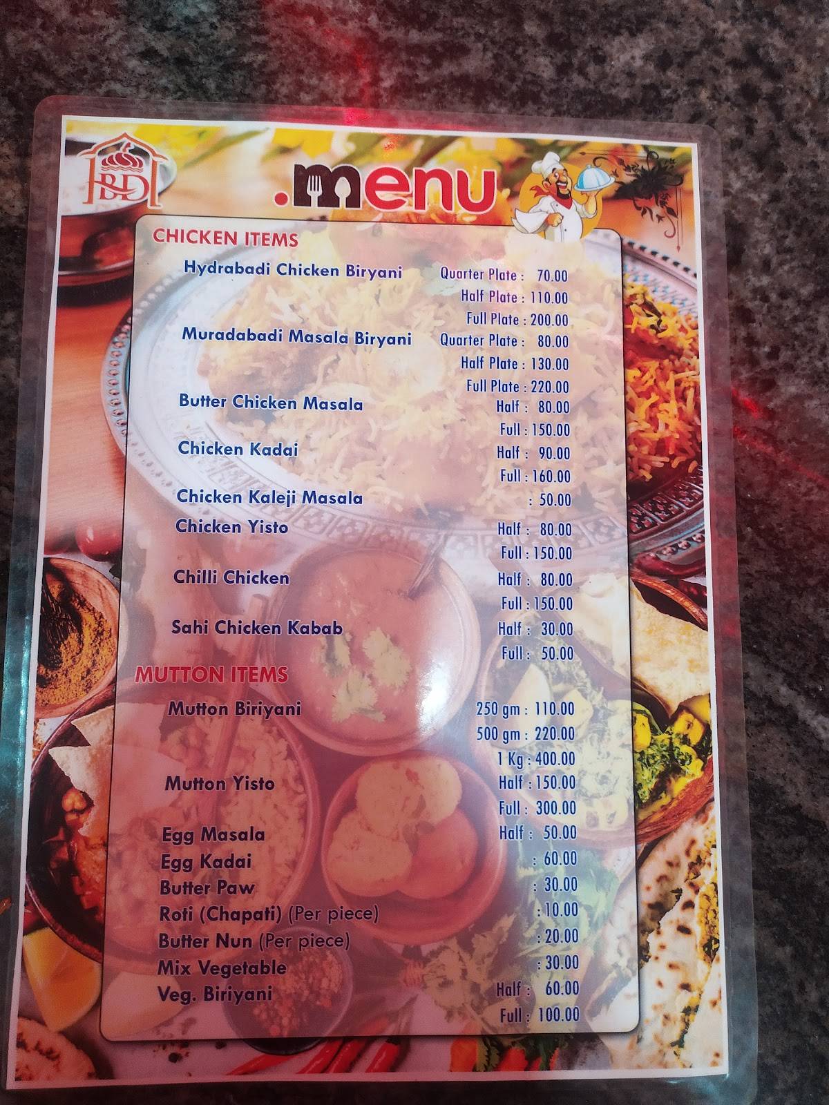 Menu at Biryani Darbar, Golaghat