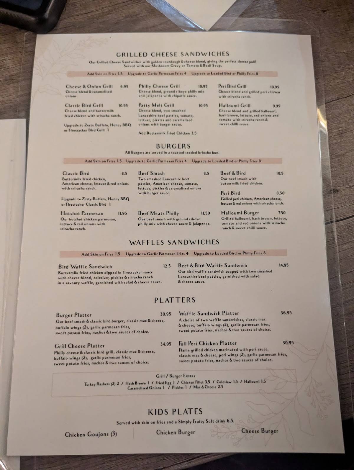 Menu at Biskits restaurant, Manchester