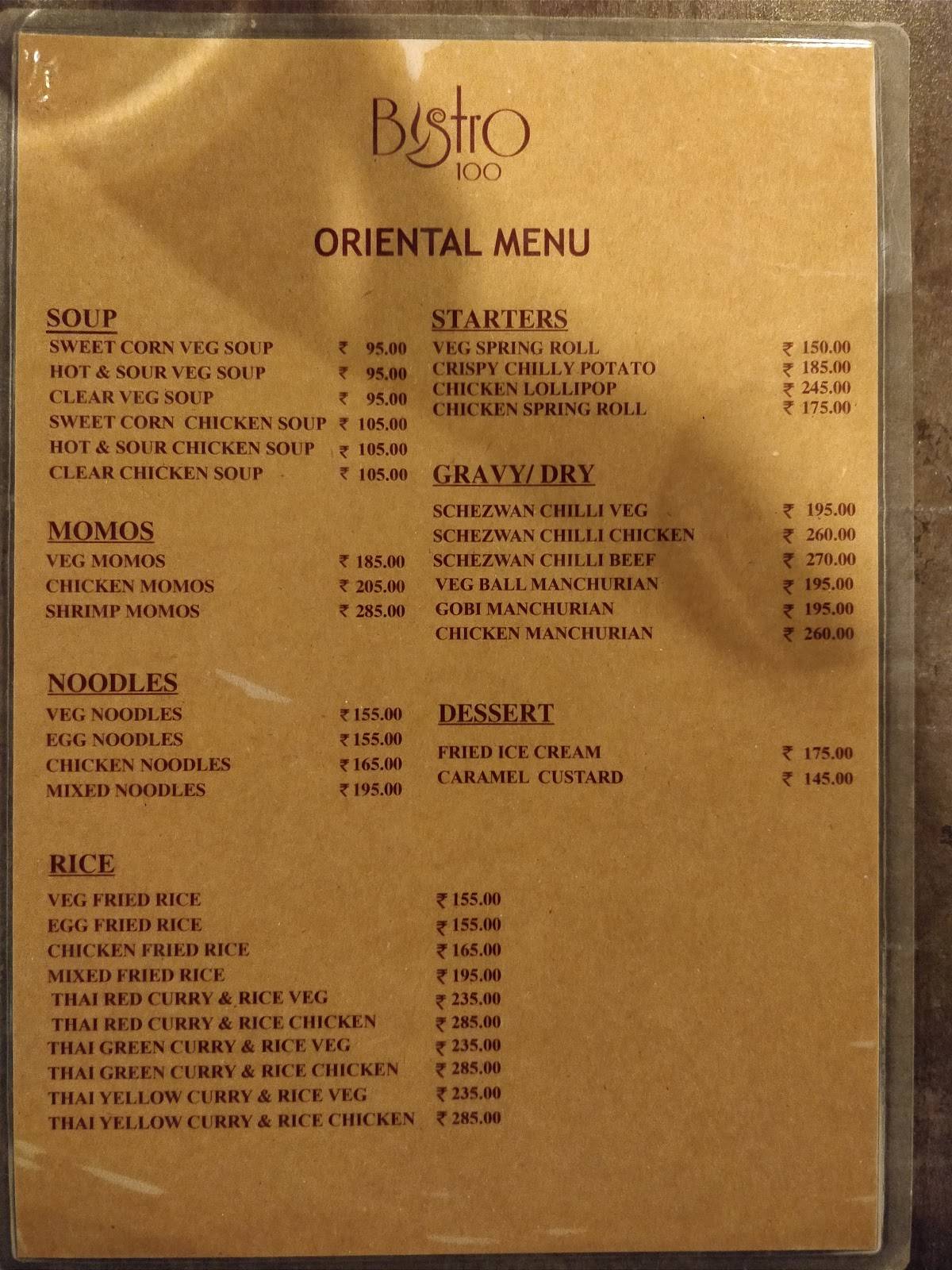 Menu at Bistro 100, Chennai