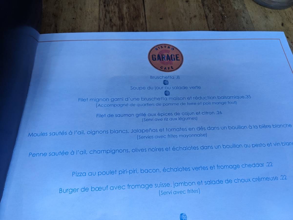 Menu au Bistro Garage Café, Montréal, 275 Rue Hickson