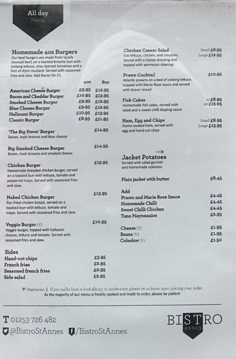 Menu at Bistro St Annes cafe, Lytham Saint Annes