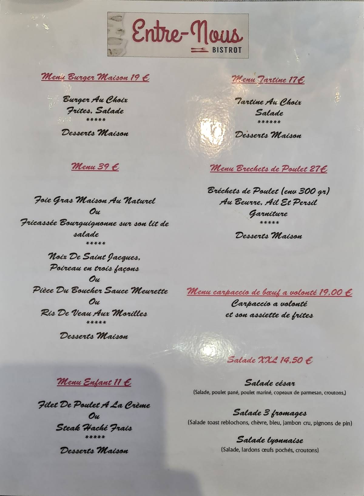 Menu au Bistrot "Entre-Nous" restaurant, Replonges