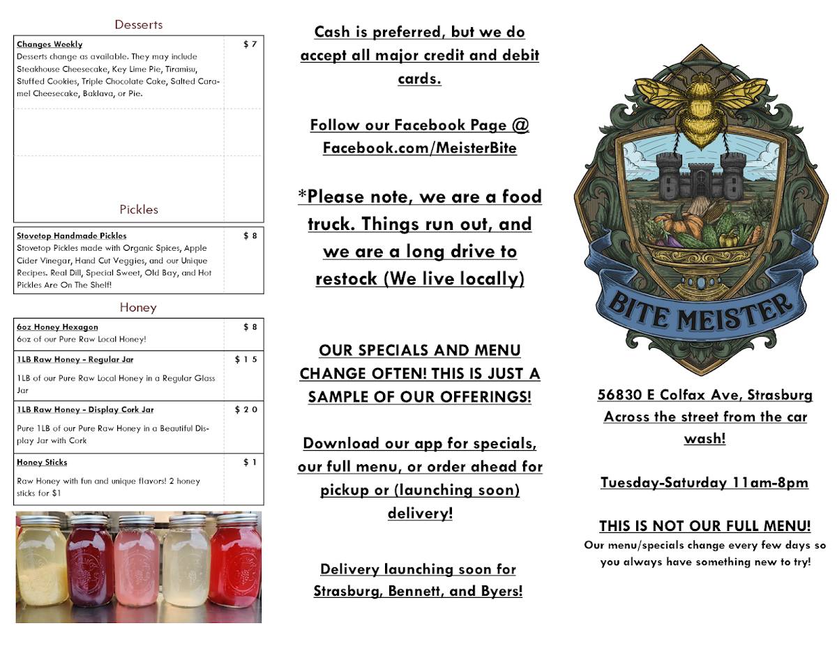 Menu at BiteMeister Foods restaurant, Strasburg