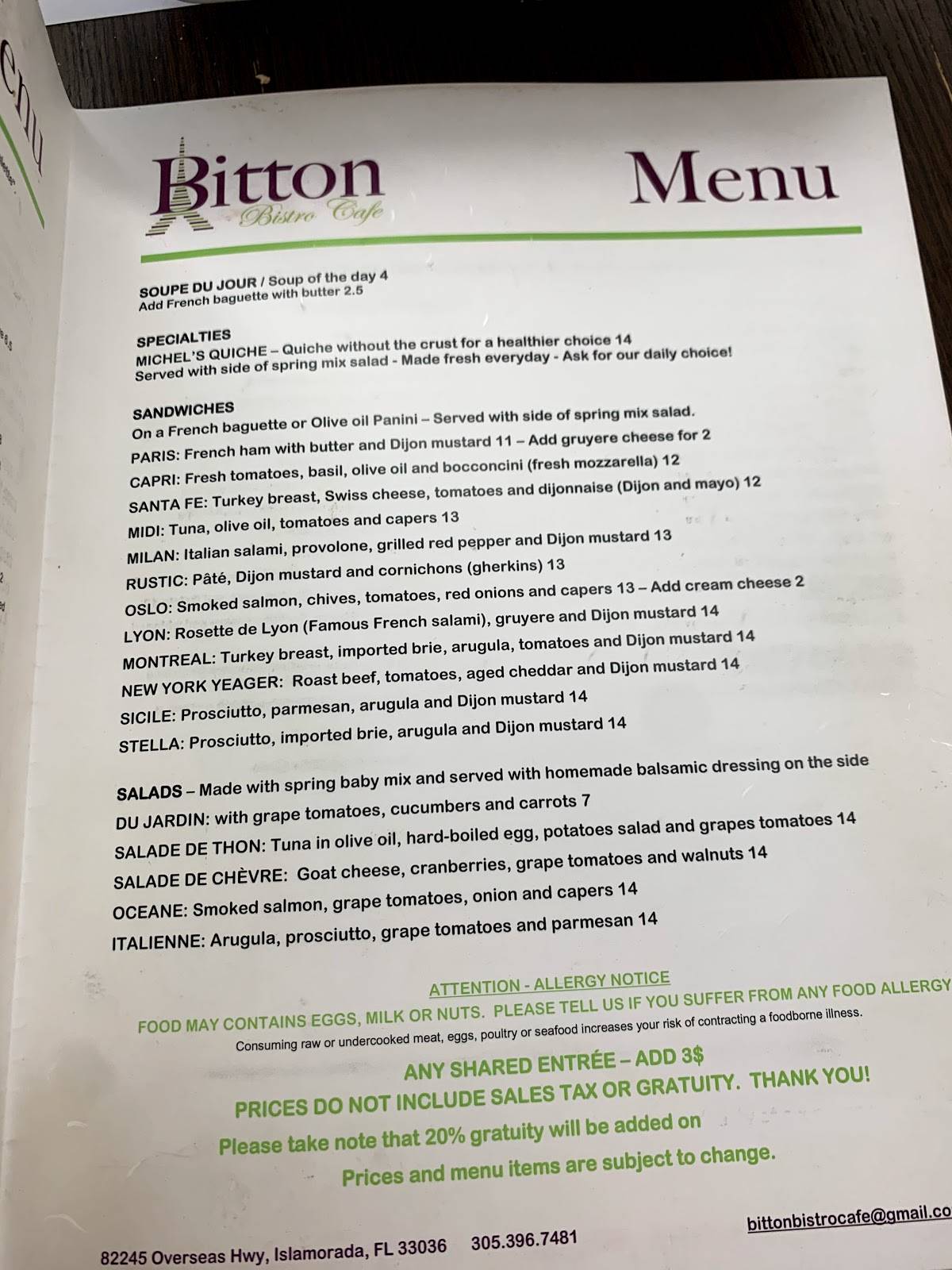 Menu at Bitton Bistro Café desserts, Islamorada