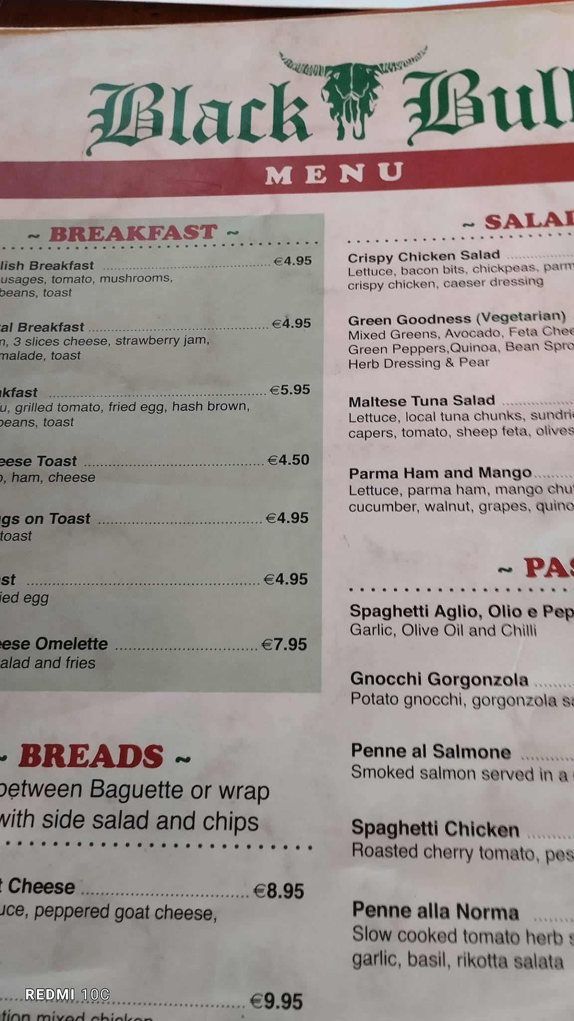 Menu at Black Bull pub & bar, Saint Julian's