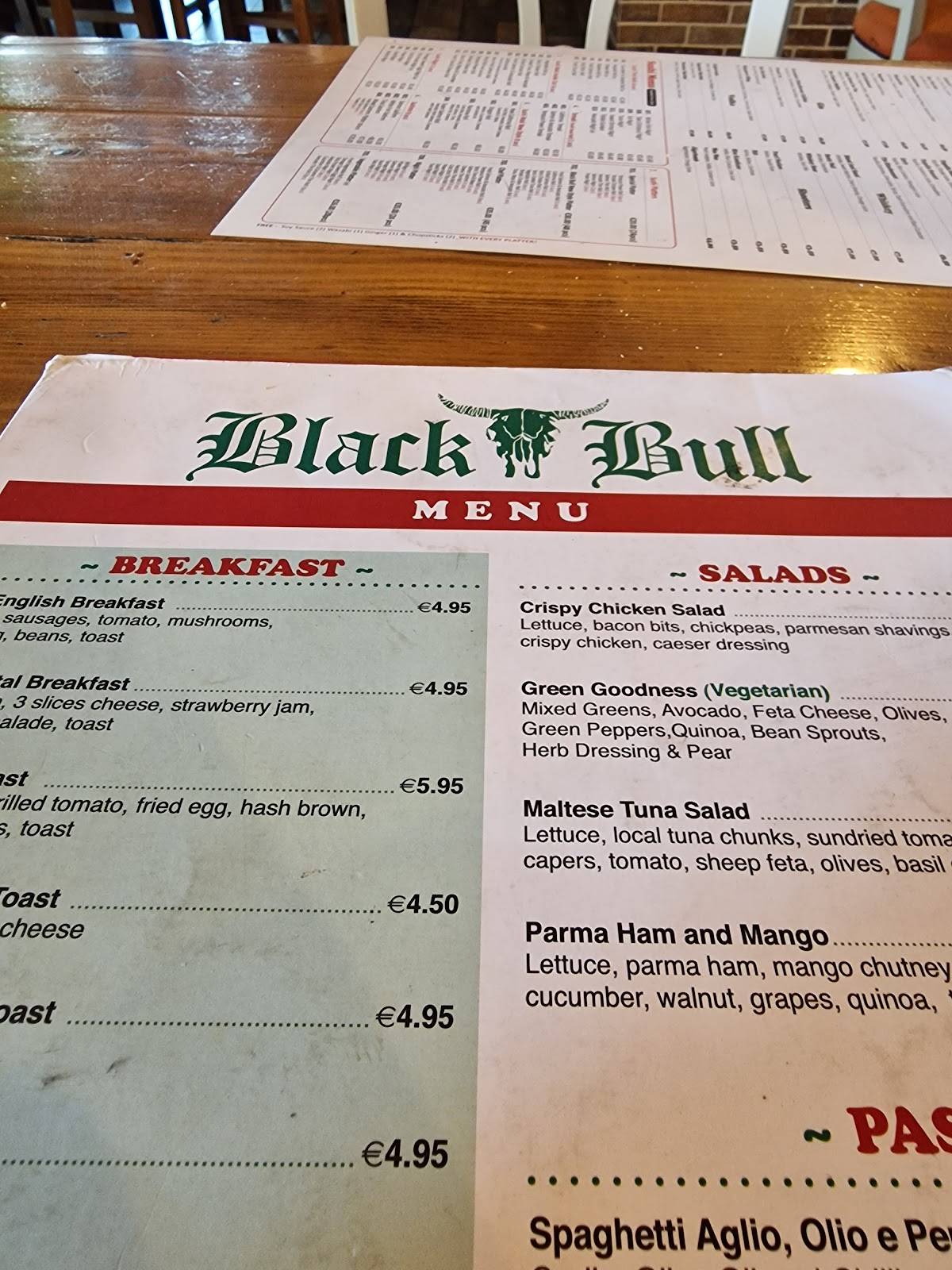 Menu at Black Bull pub & bar, Saint Julian's