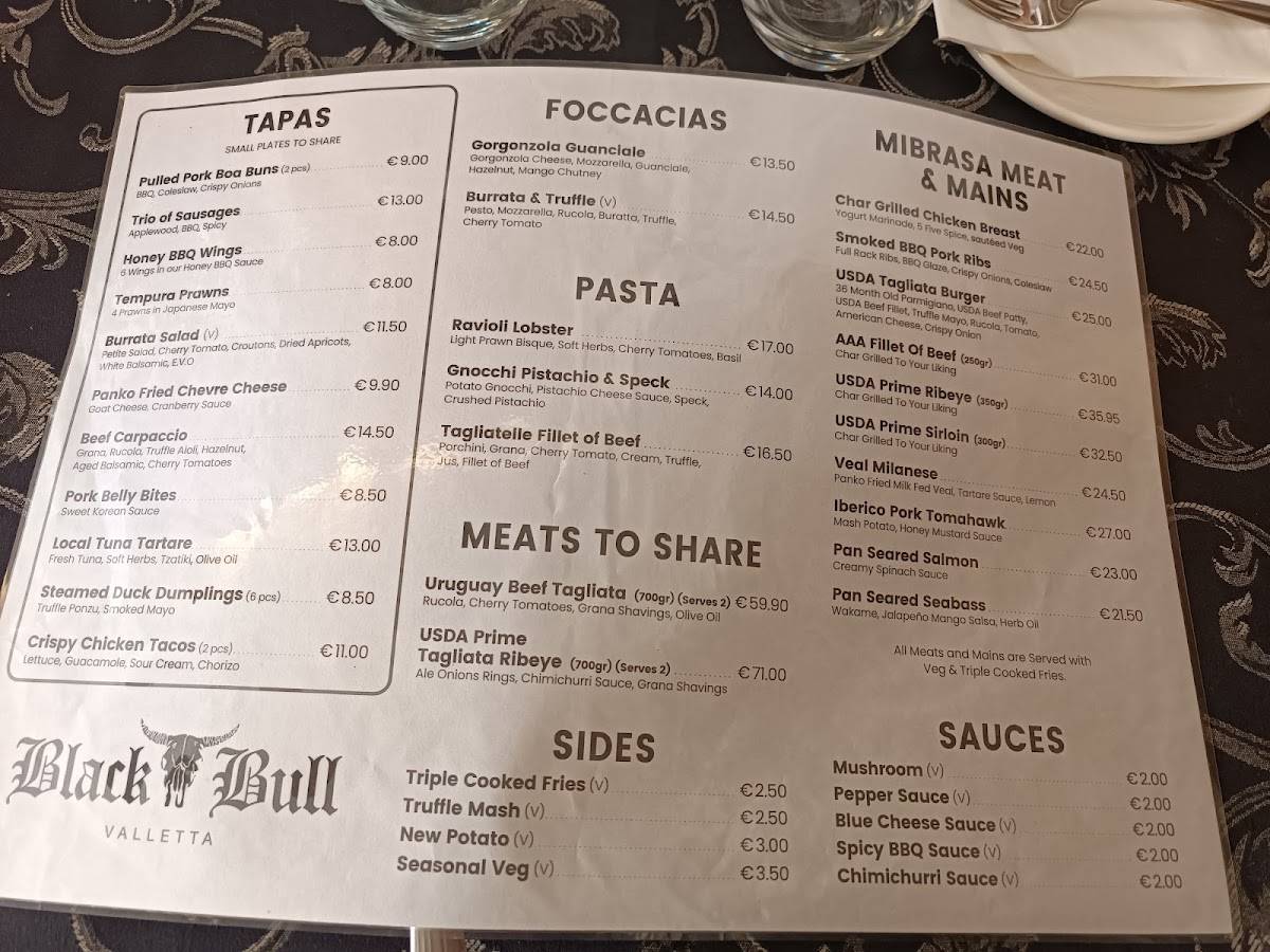 Menu au Black Bull restaurant, La Valette
