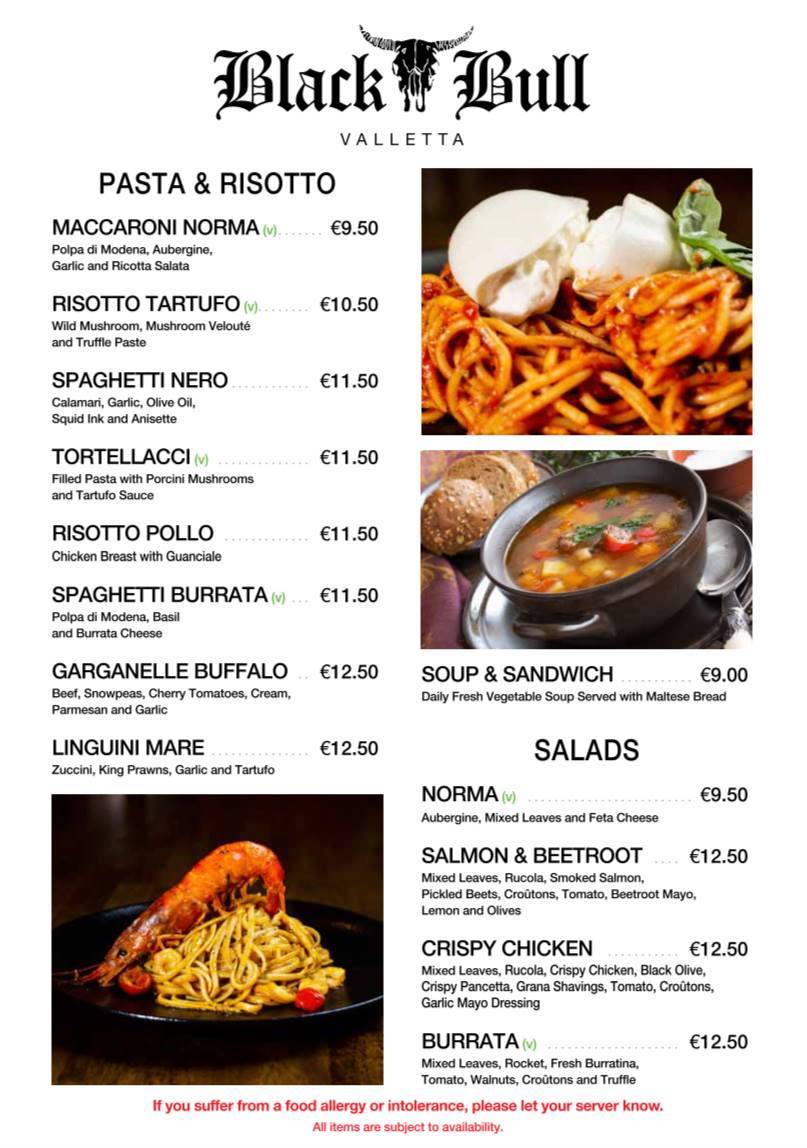Menu at Black Bull restaurant, Valletta
