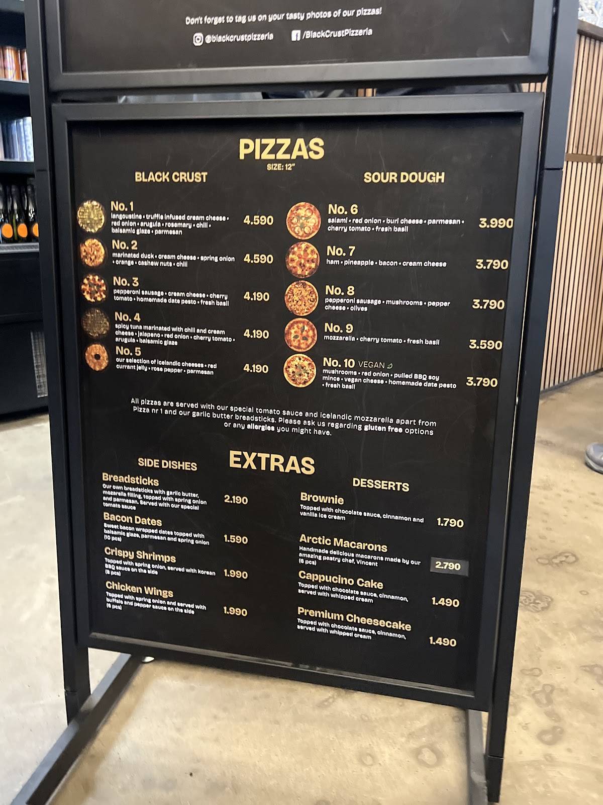 Menu at Black Crust Pizzeria, Vik