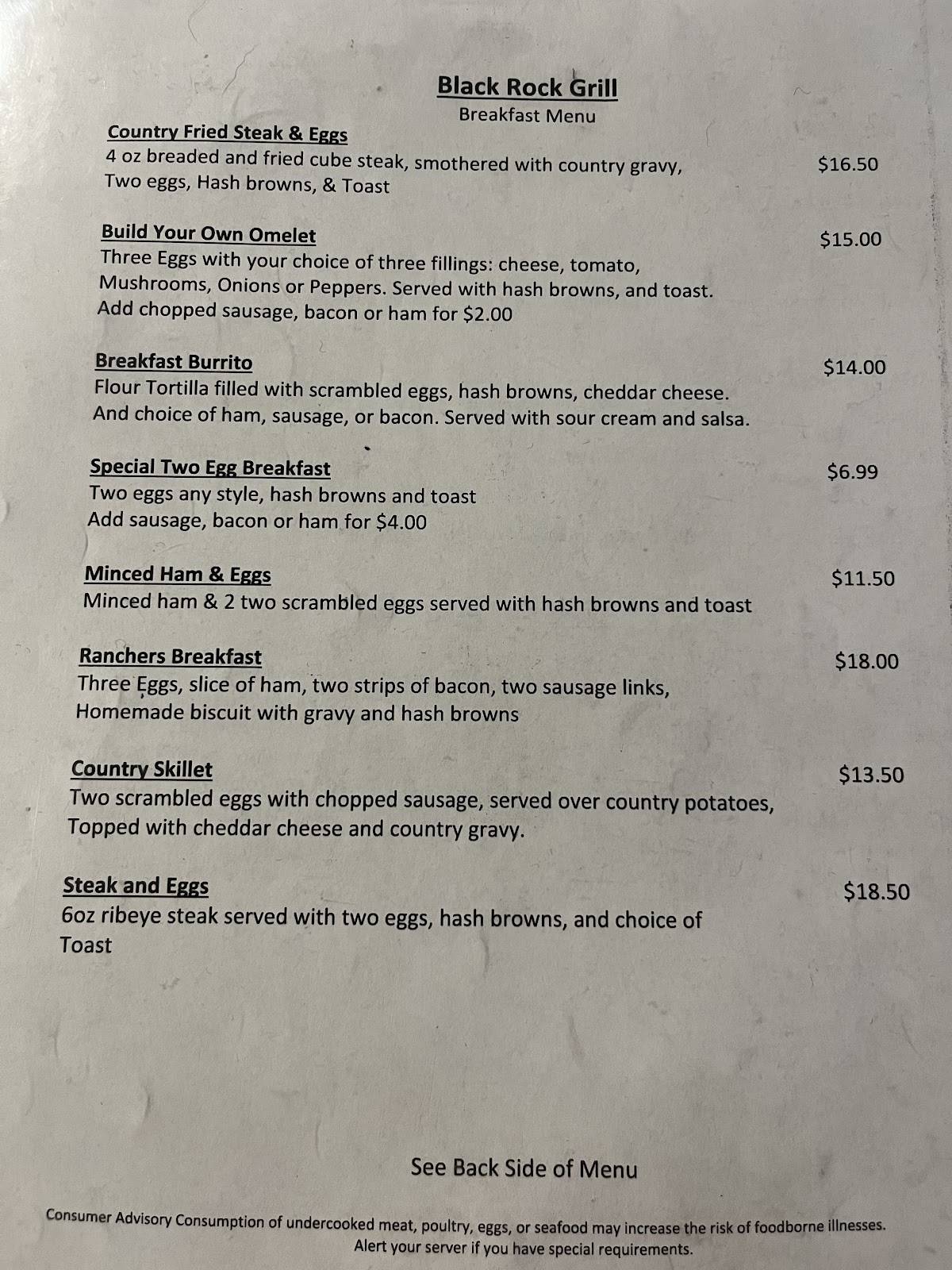 Menu at BlackRock Grill restaurant, Lovelock