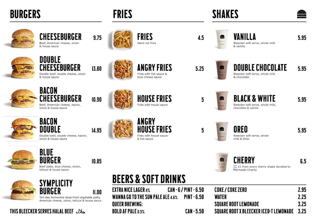 Menu at Bleecker Burger Soho restaurant, London
