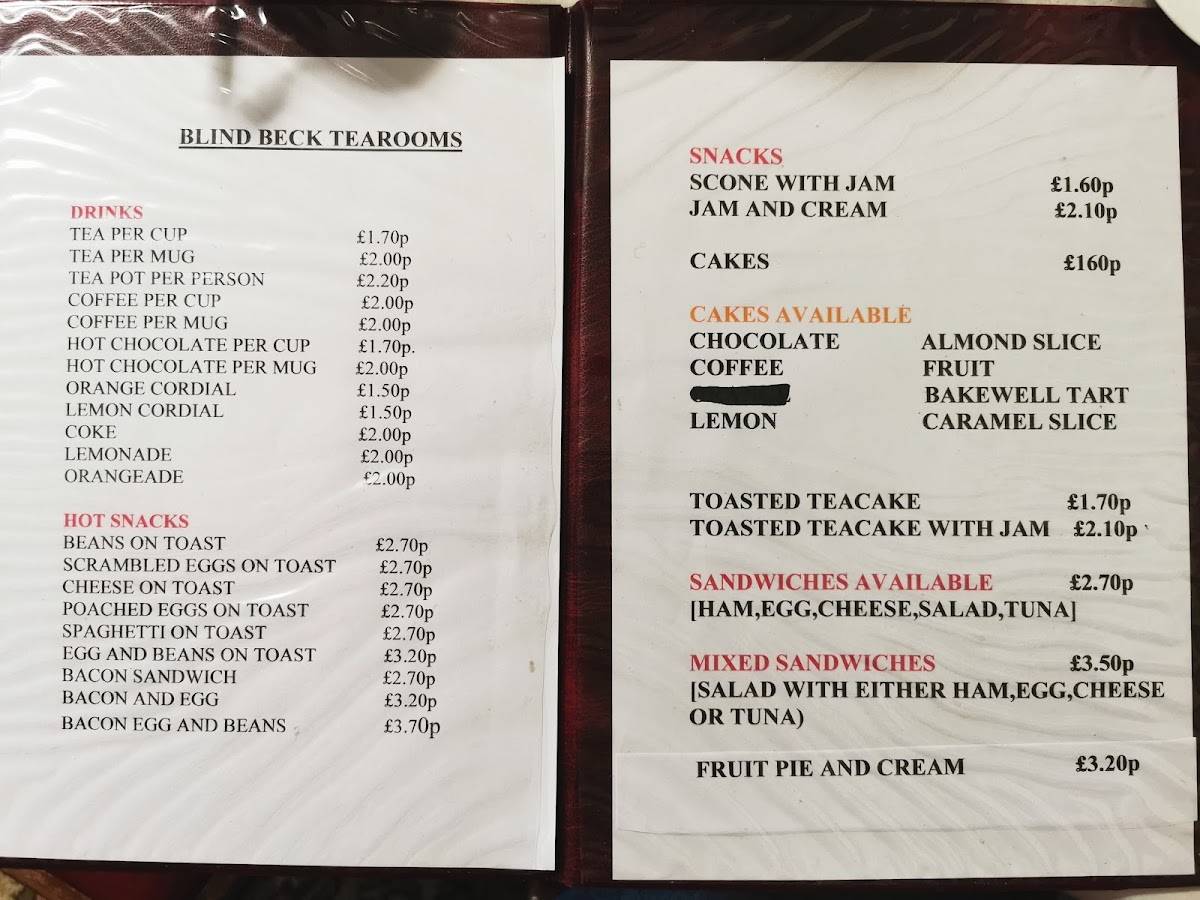 Menu at Blind beck Tearoom cafe, Horton in Ribblesdale