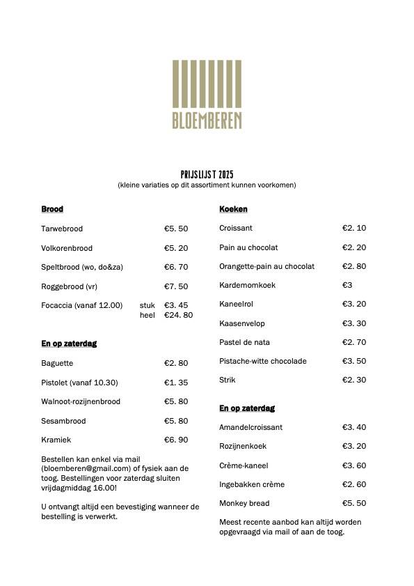 Menu at Bloemberen, Antwerp