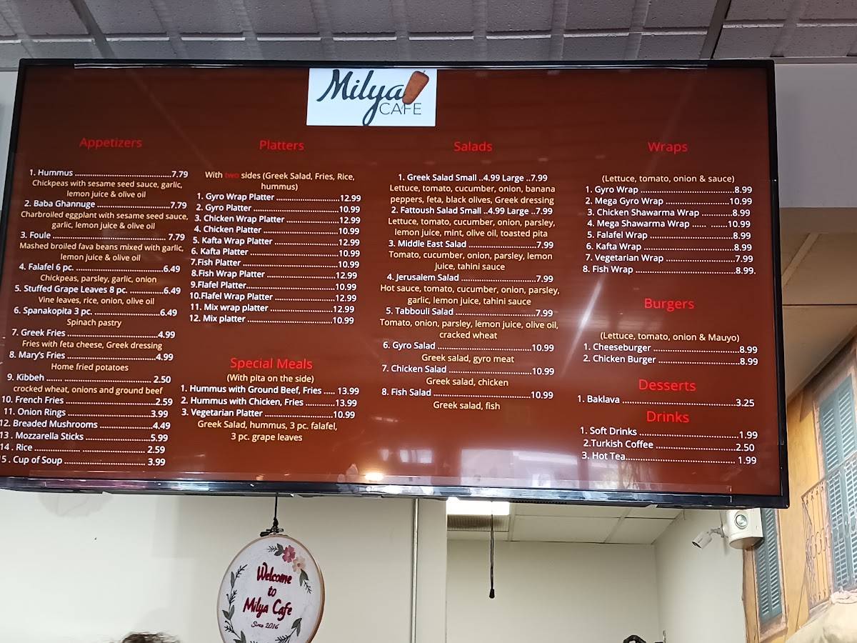 Menu at Milya Cafe, Blue Ash