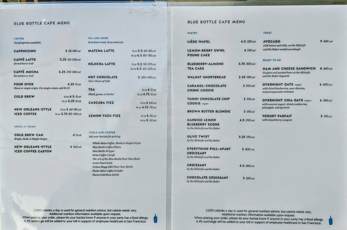 Menu at Blue Bottle Coffee cafe, Palo Alto, 456 University Ave