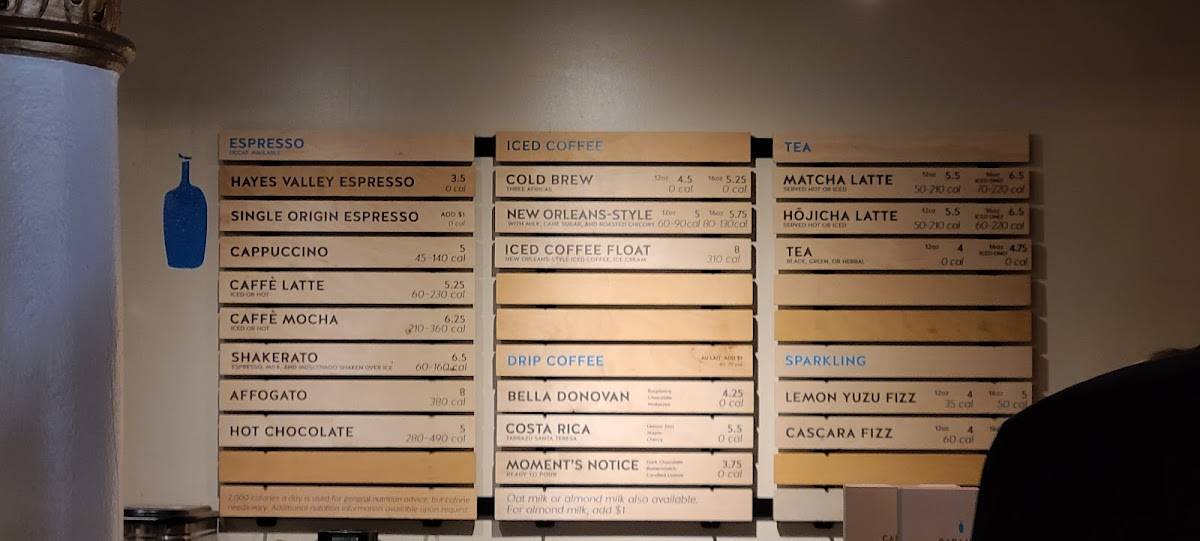 Menu at Blue Bottle Coffee cafe, Palo Alto, 456 University Ave