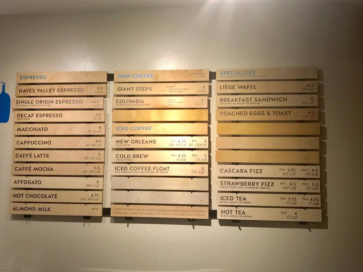 Menu at Blue Bottle Coffee cafe, Palo Alto, 456 University Ave