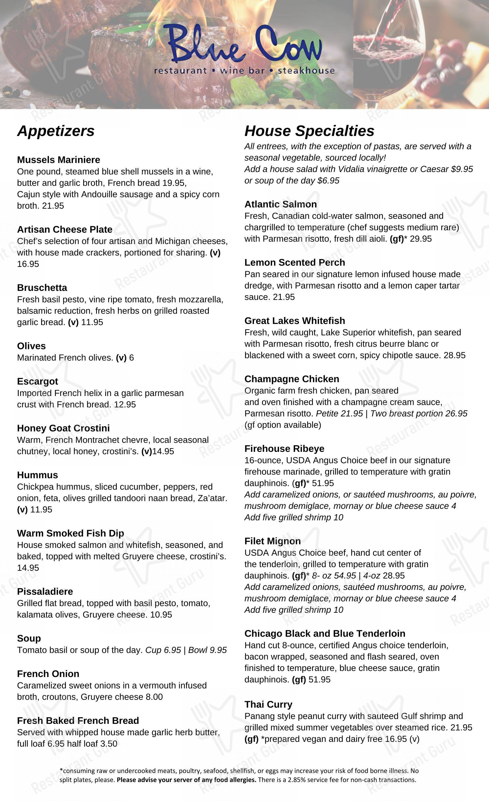 Menu at Blue Cow pub & bar, Big Rapids