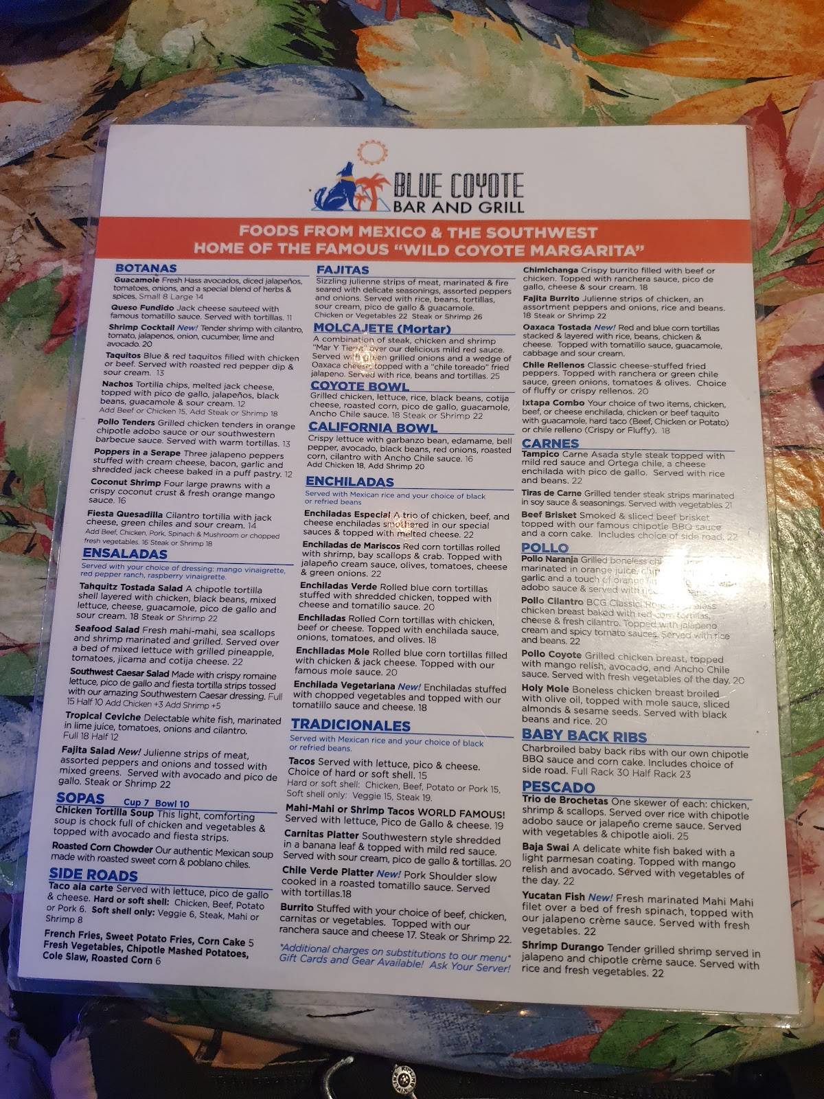 Menu at Blue Coyote Grill pub & bar, Palm Springs, 445 N Palm Canyon Dr