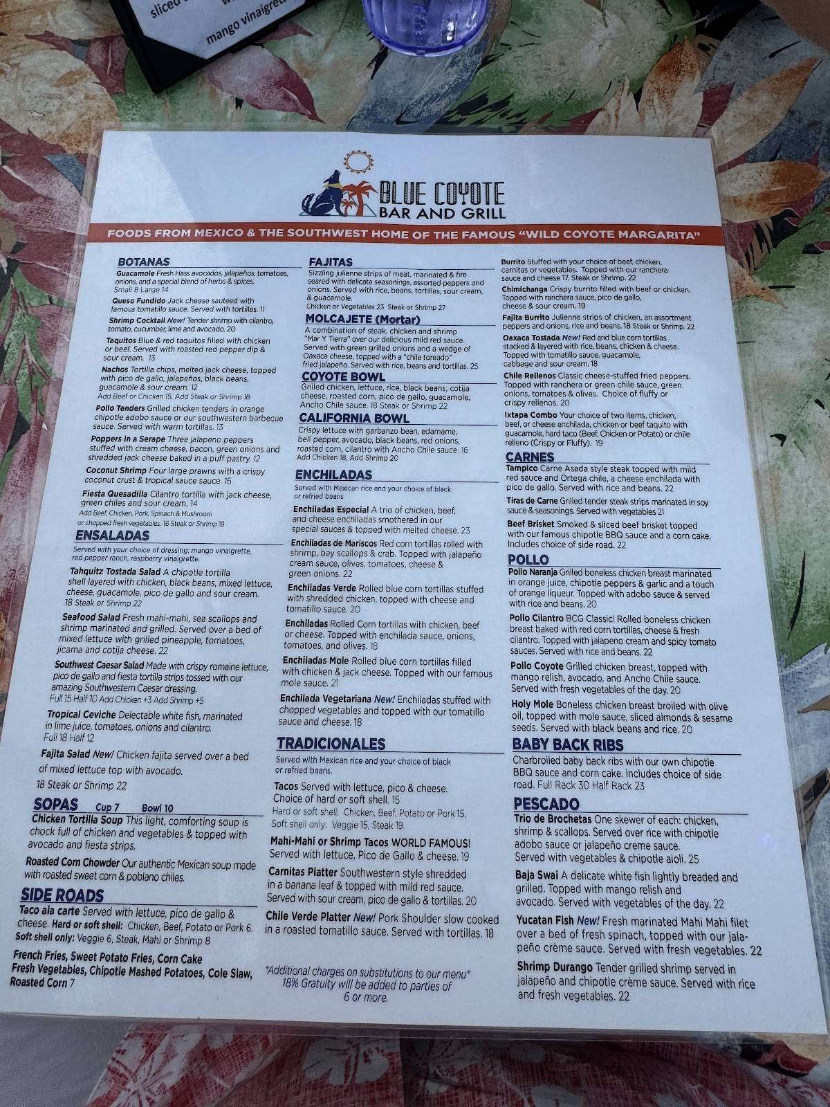 Menu at Blue Coyote Grill pub & bar, Palm Springs, 445 N Palm Canyon Dr