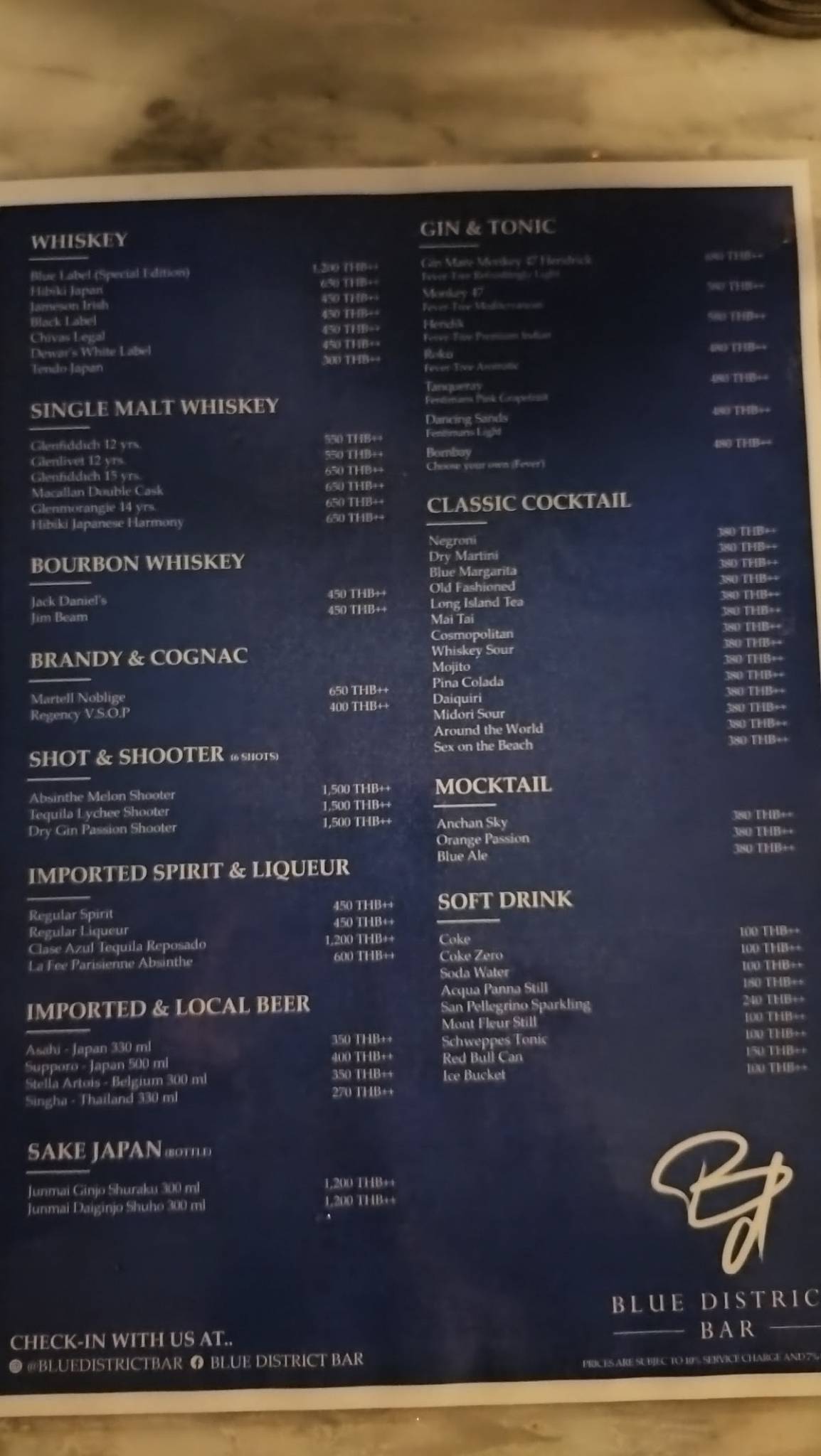 Menu at Blue District Bar & Japanese Restaurant, Bangkok