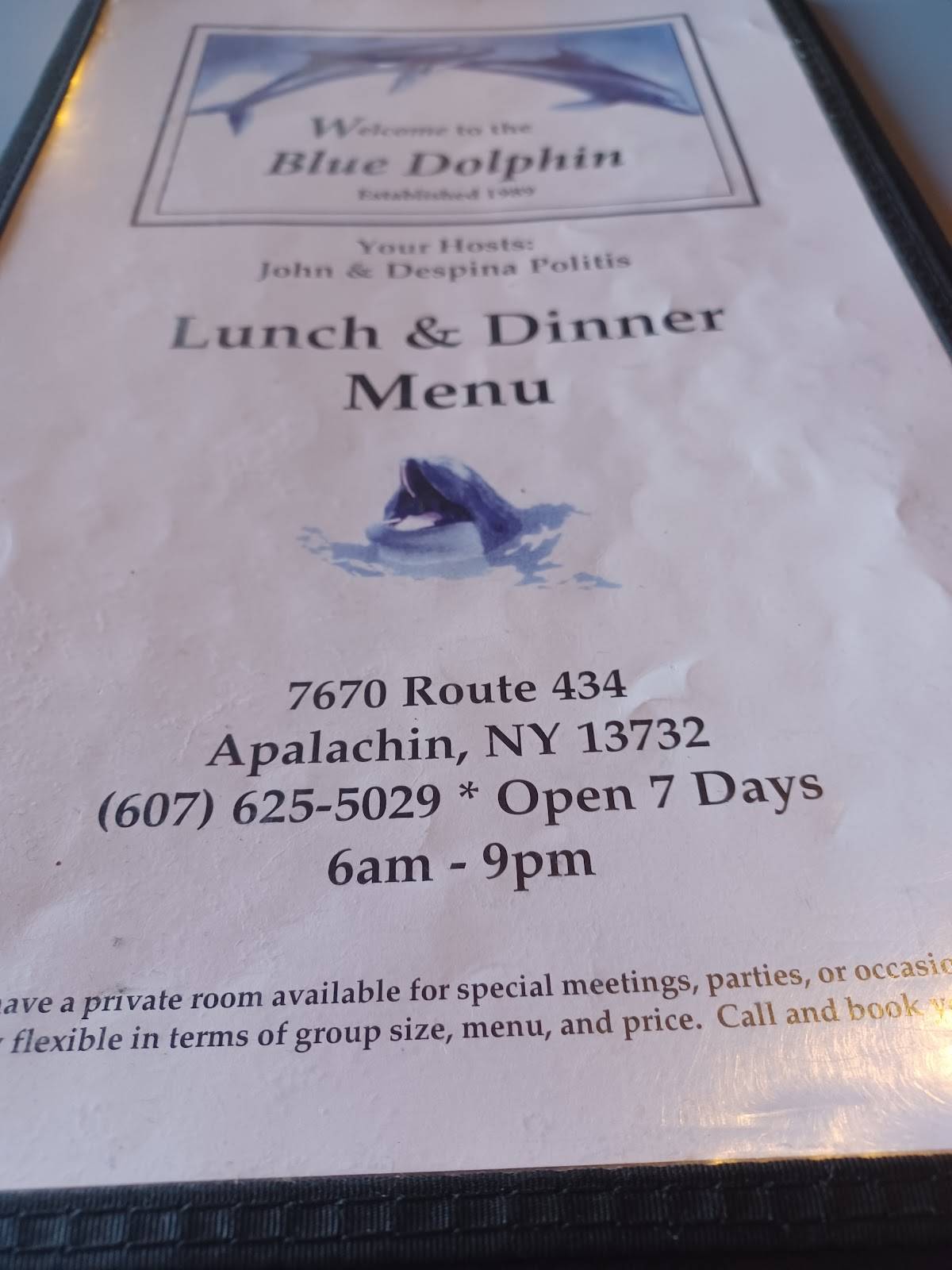 Menu at Blue Dolphin restaurant, Apalachin, NY-434