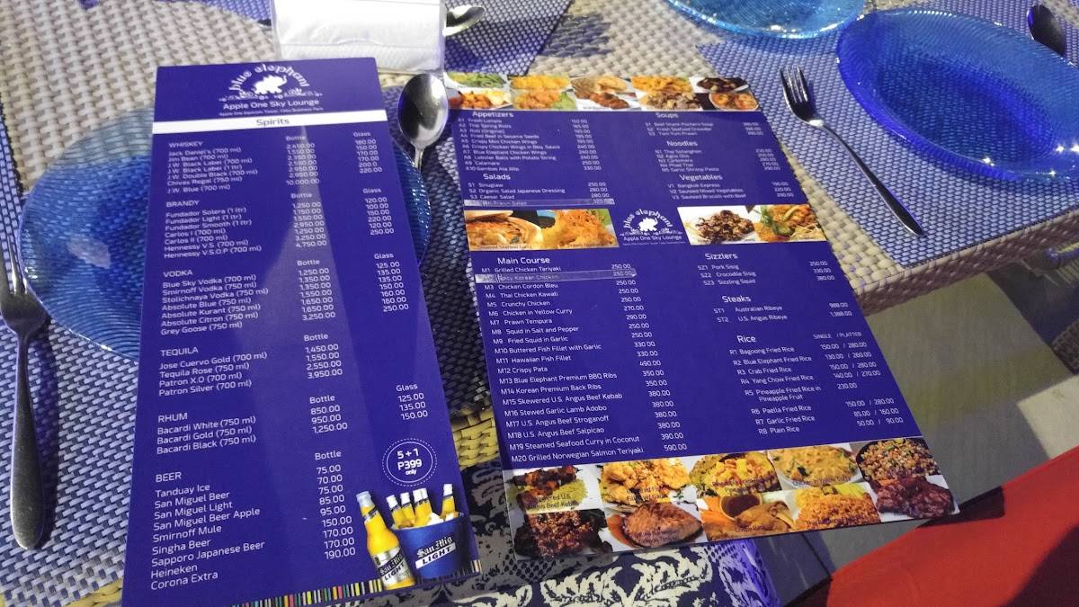Menu at Blue Elephant restaurant, Cebu City, AppleOne Equicom Tower
