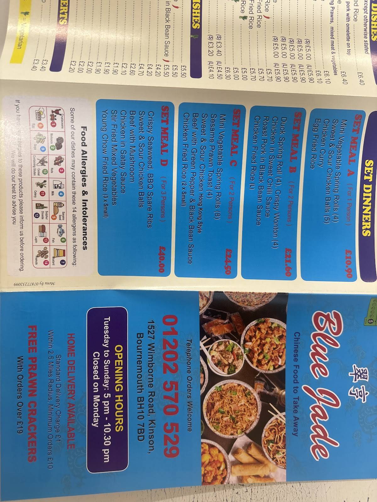 Menu at Blue Jade fast food, Bournemouth