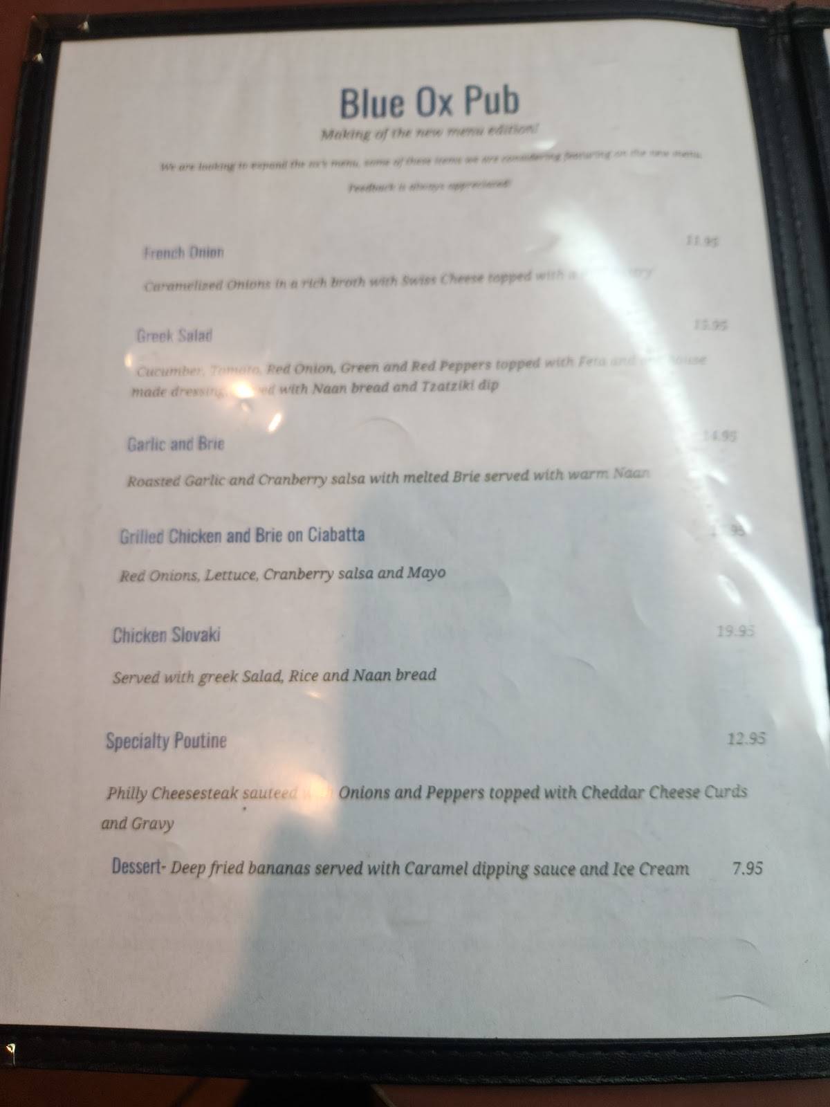 Menu at Blue Ox Pub, Lumby, Vernon St