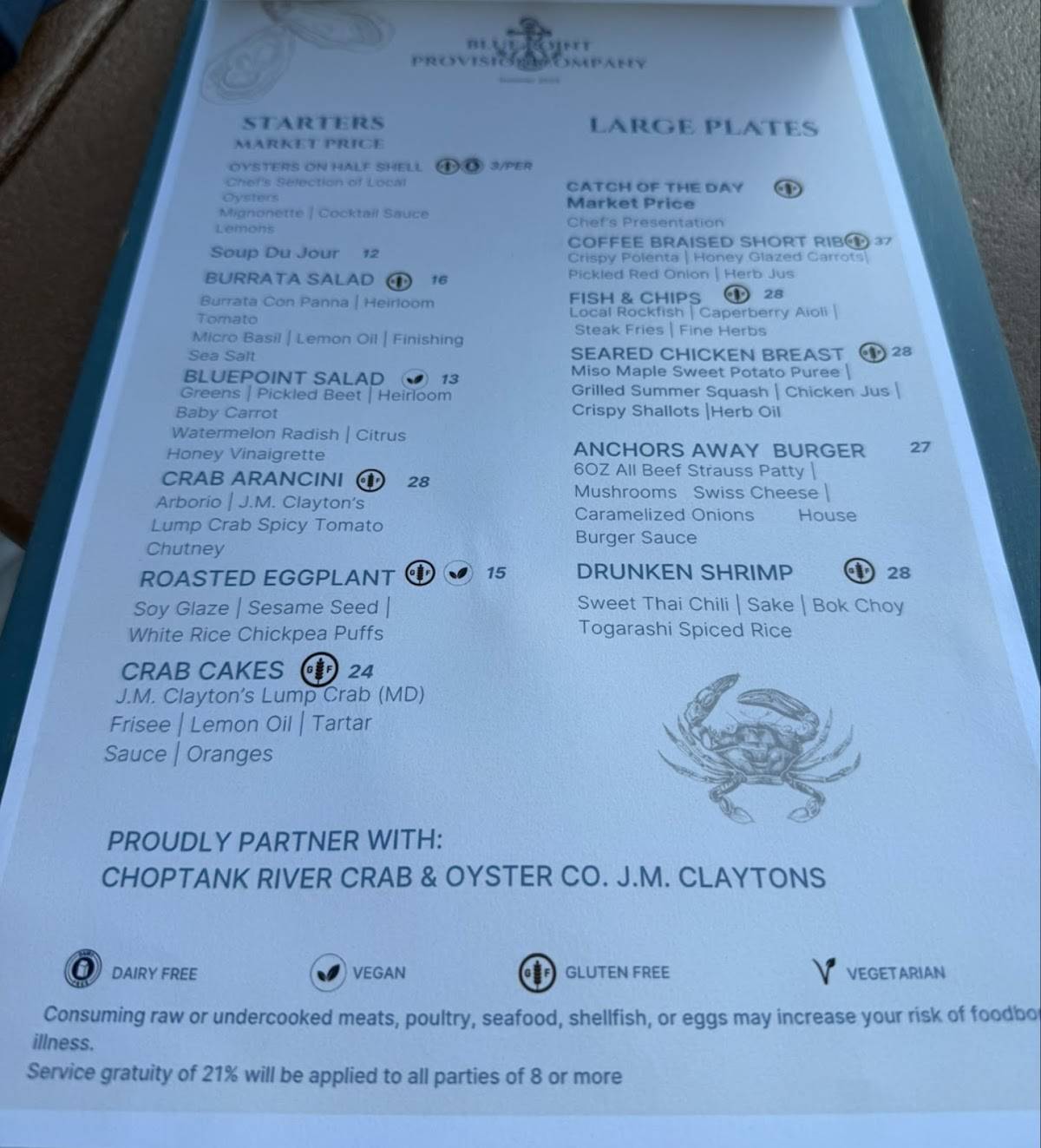 Menu at Blue Point Provision Company restaurant, Cambridge