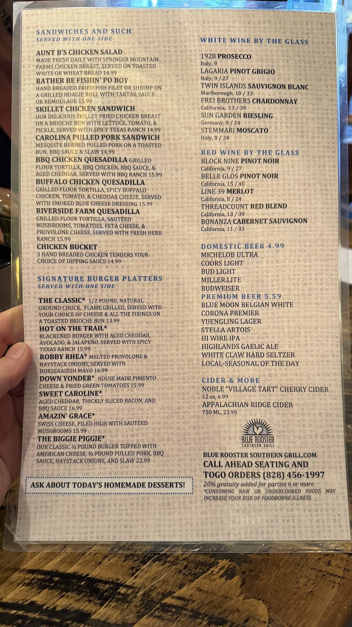 Menu at Blue Rooster Southern Grill restaurant, Lake Junaluska