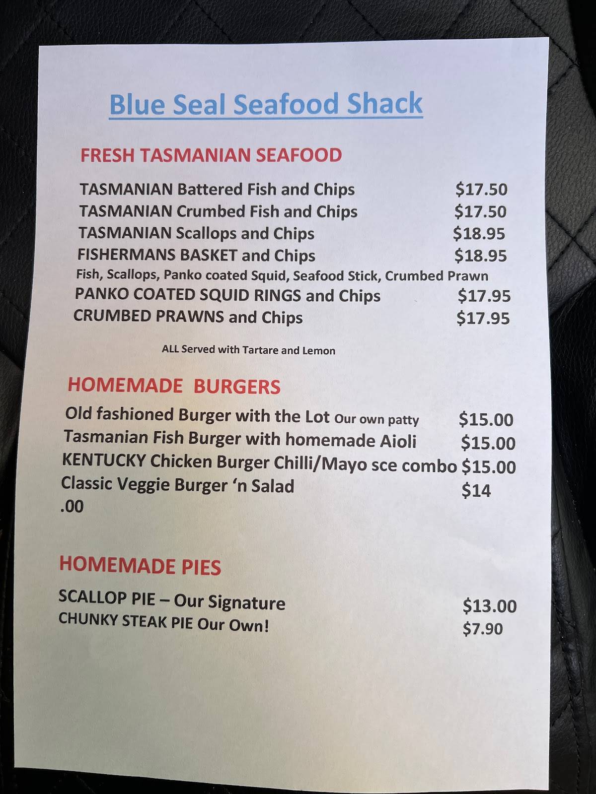 Menu at Blue Seal Seafood Shack restaurant, Eaglehawk Neck