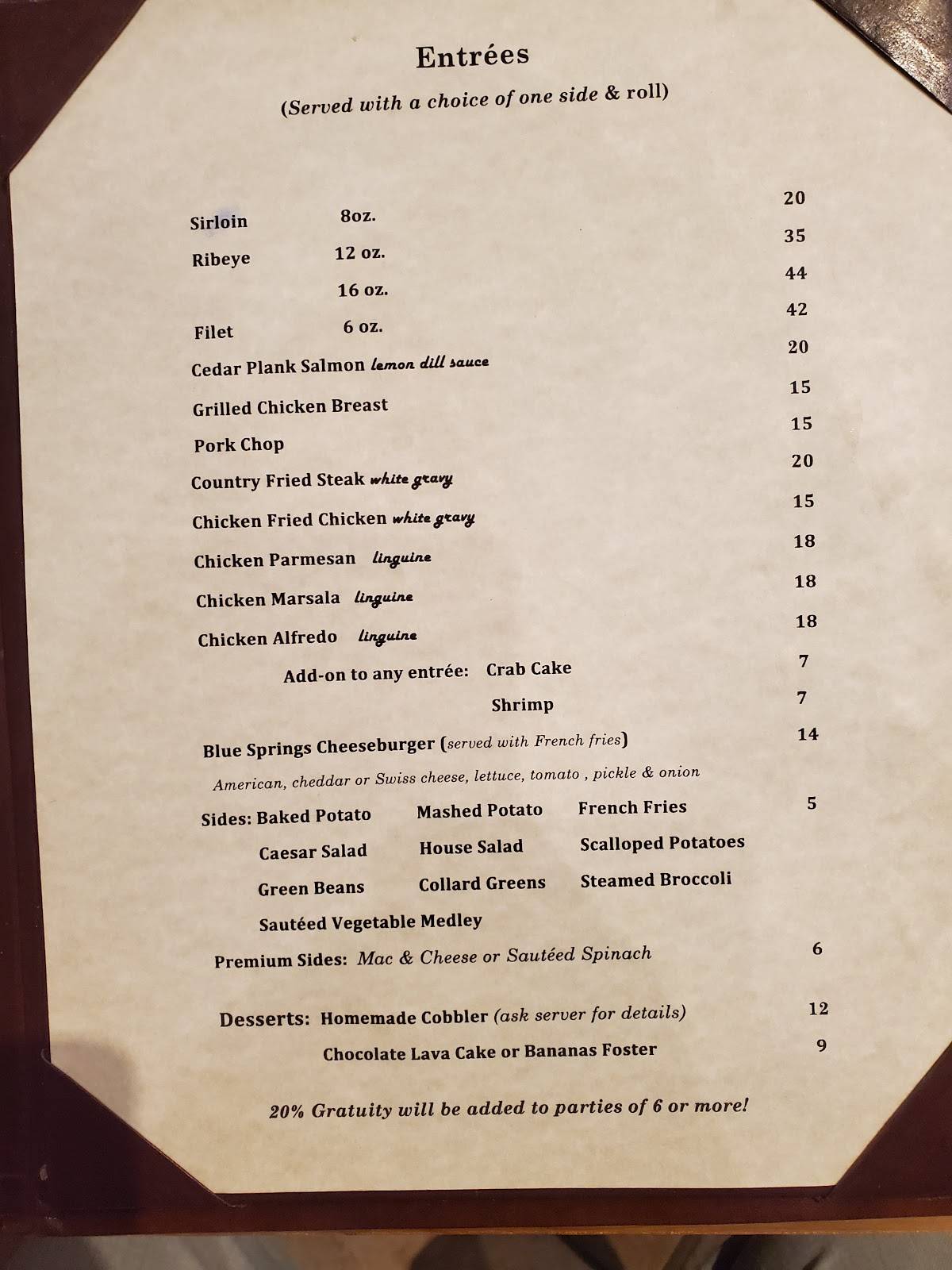 Menu at Blue Springs Grill pub & bar, Jessieville