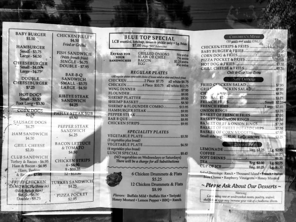 Menu at Blue Top Grill restaurant, Graniteville