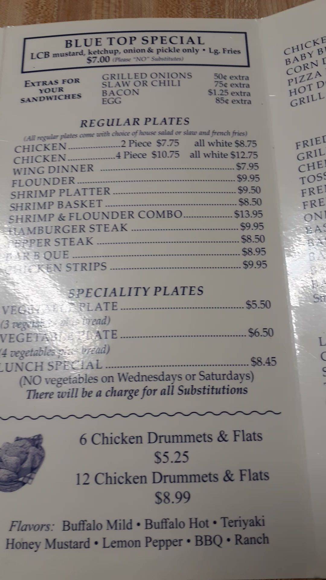 Menu at Blue Top Grill restaurant, Graniteville