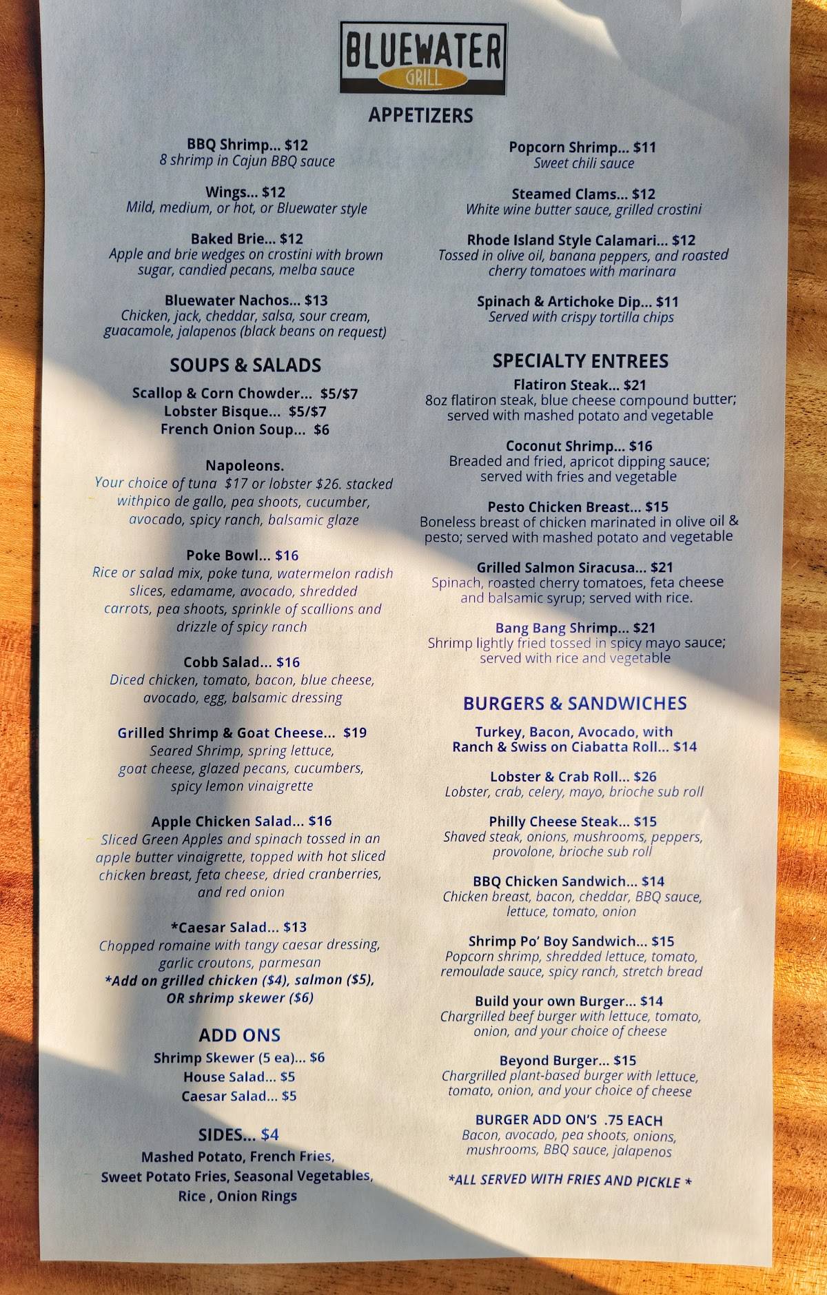 Menu at Blue Water Grill restaurant, Skaneateles