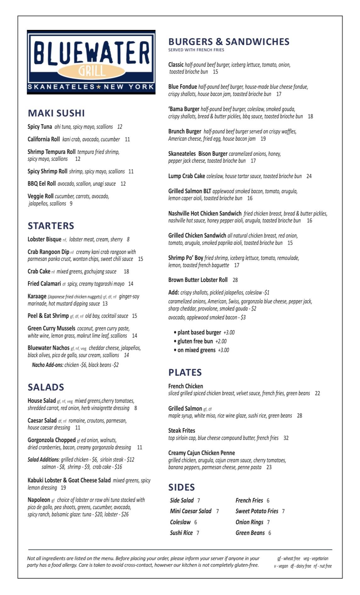 Menu at Blue Water Grill restaurant, Skaneateles