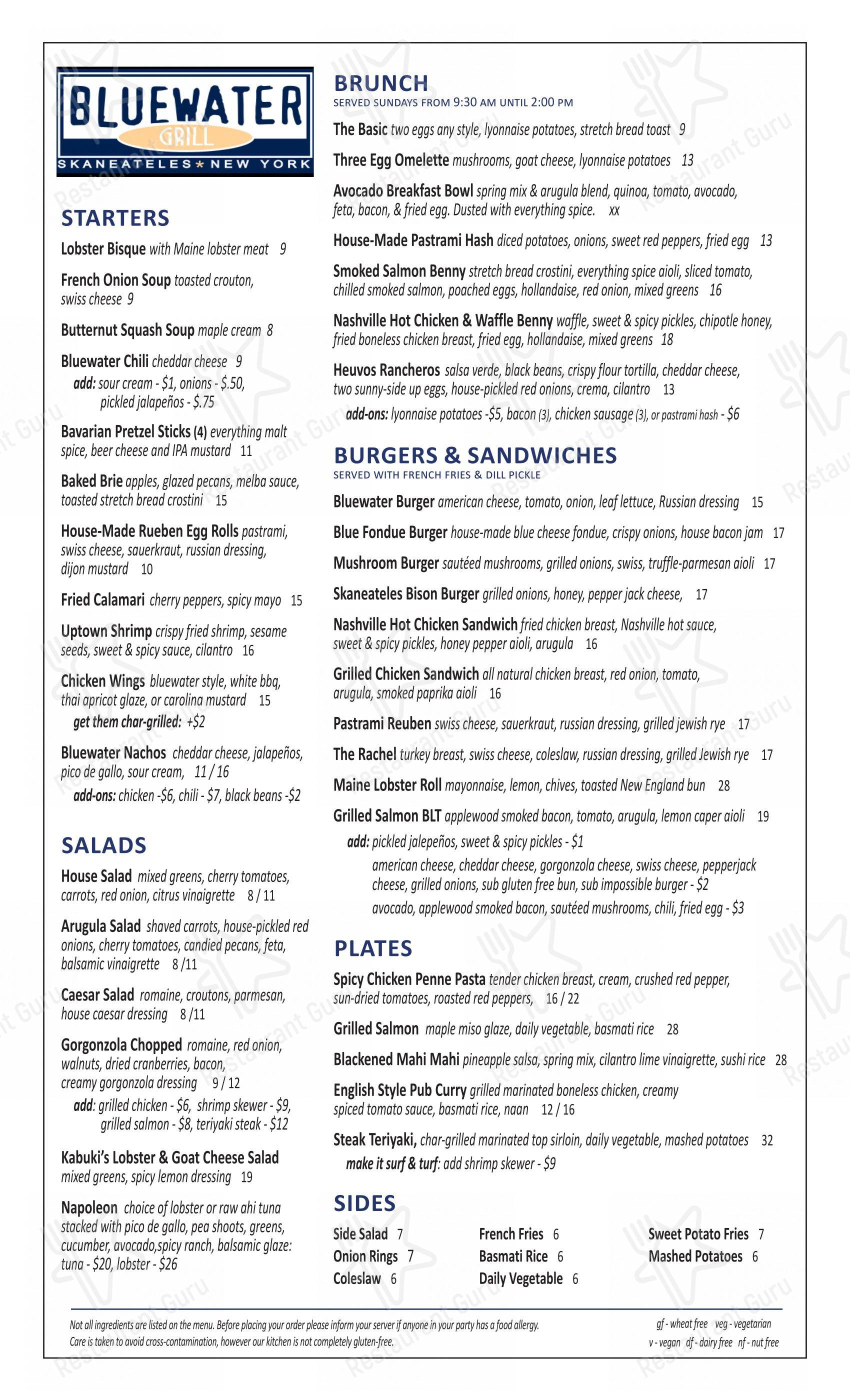 Menu at Blue Water Grill restaurant, Skaneateles